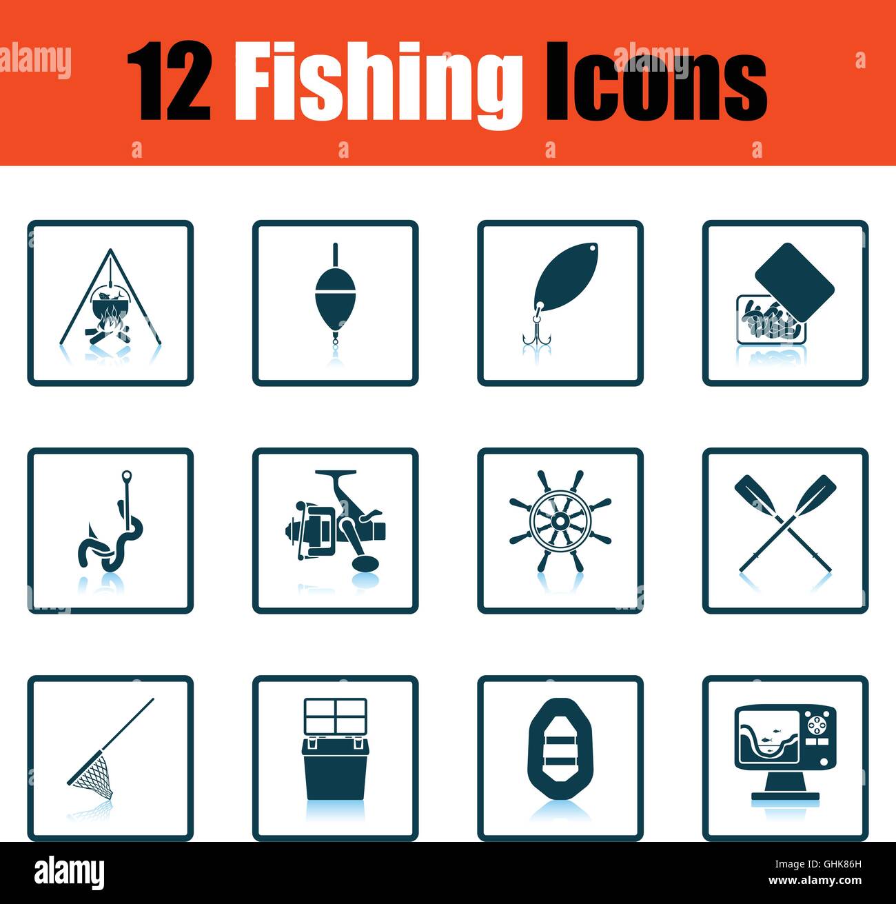 Fishing icon set. Shadow reflection design. Vector illustration Stock ...