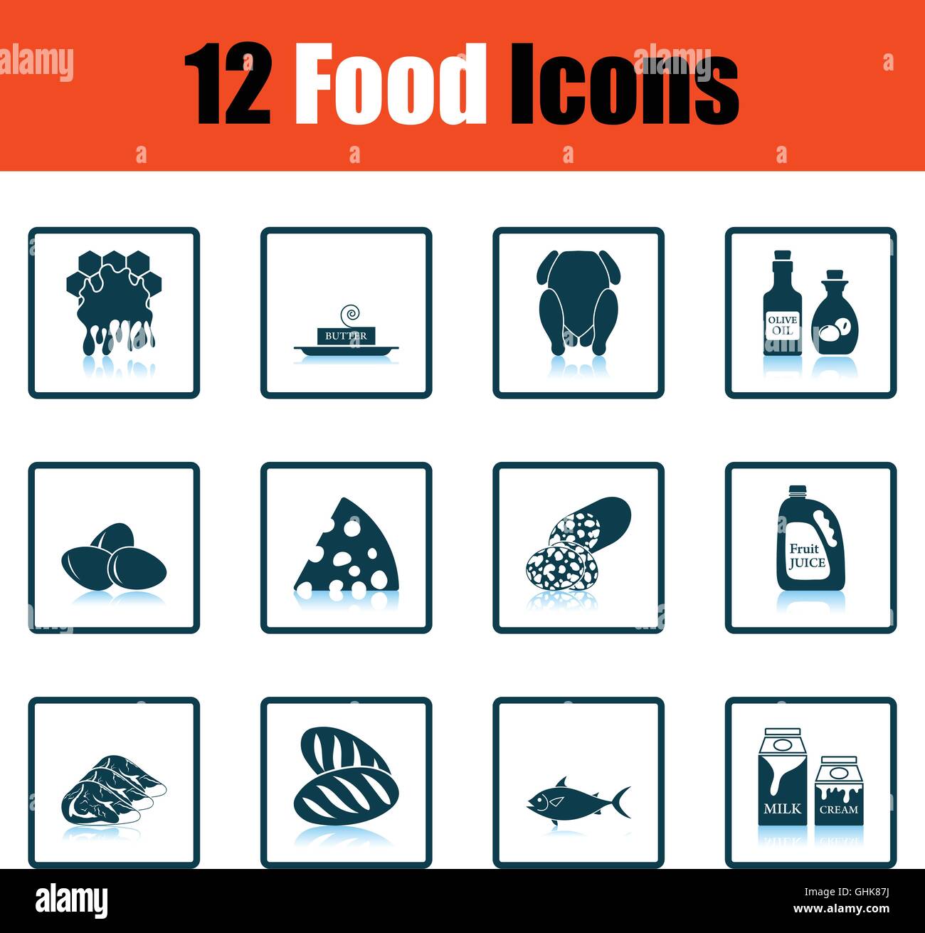 Set of food icons. Shadow reflection design. Vector illustration Stock ...
