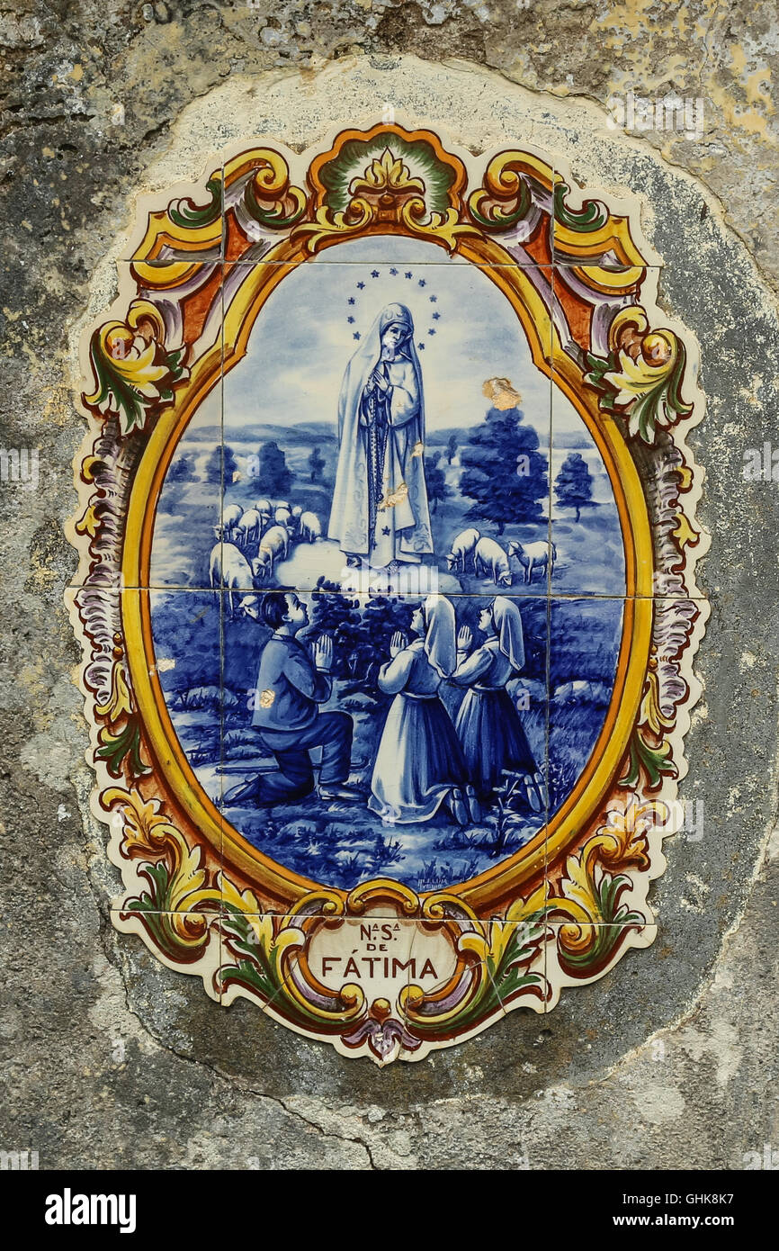 Religious Lady of Fatima painted on old ceramic tiles Stock Photo - Alamy