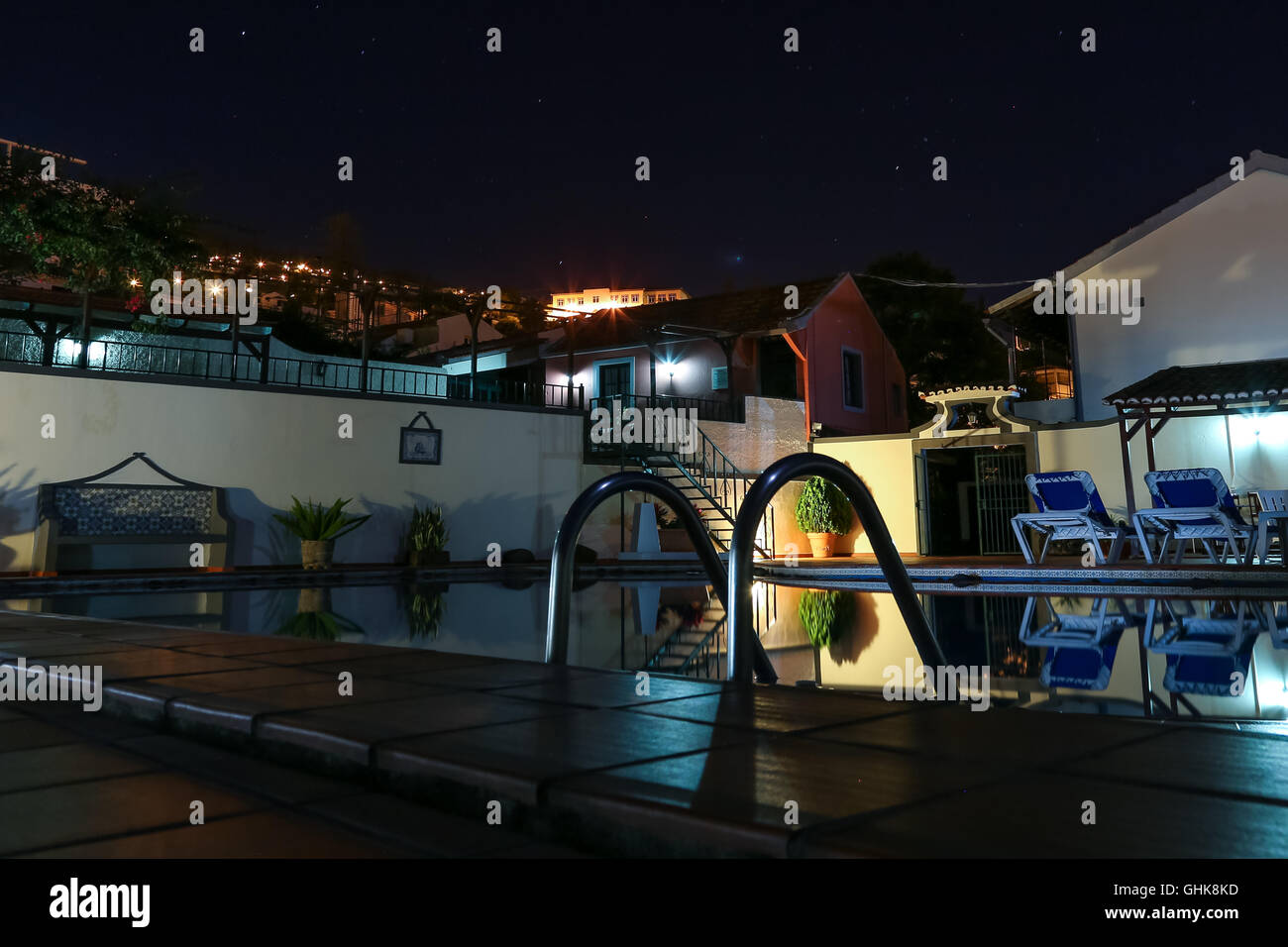 A swimming pool at night under a sky with stars, Photo taken on ...