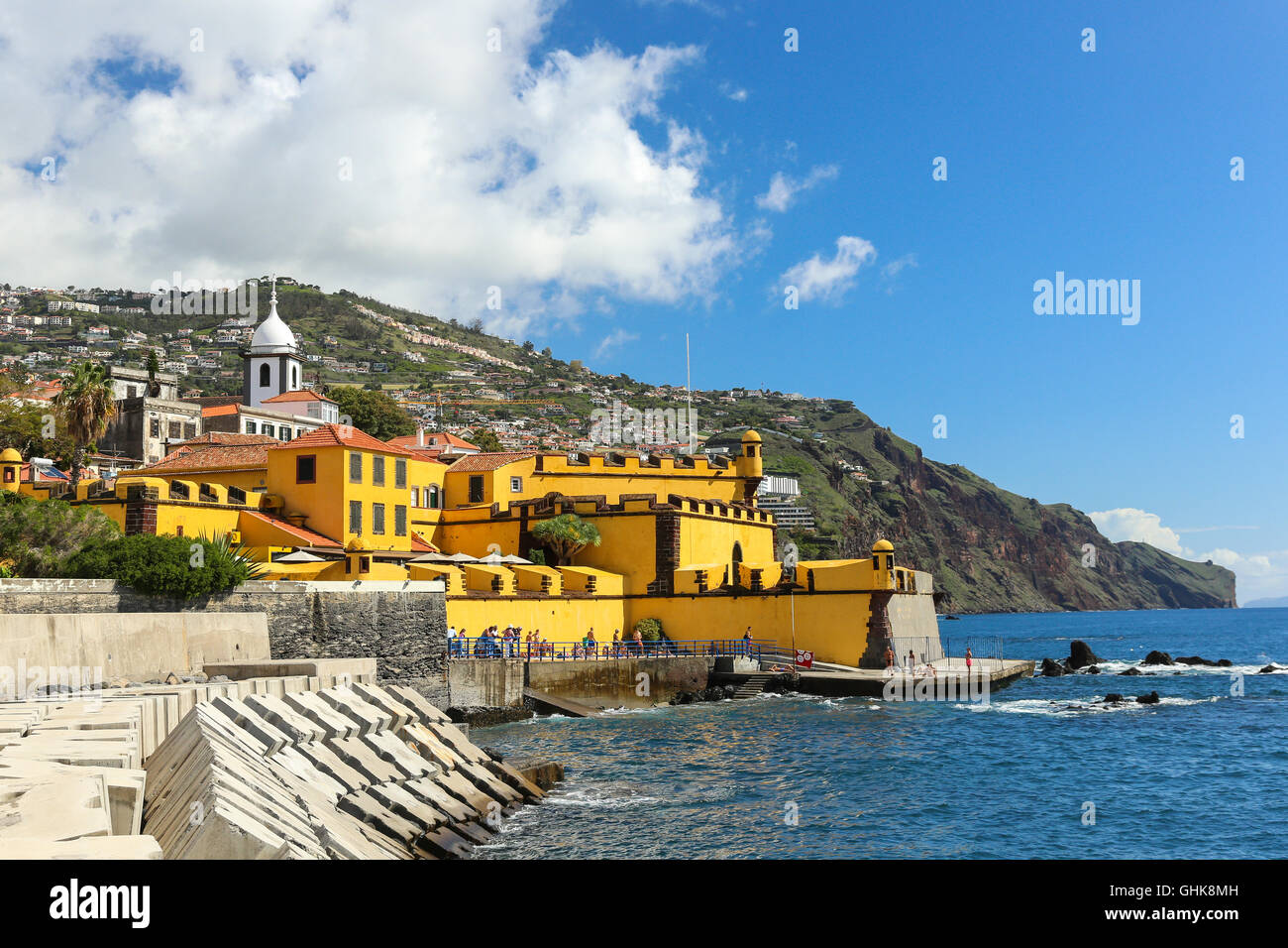 View of the old castle Fortaleza de Sao Tiago and coastline in Funchal ...