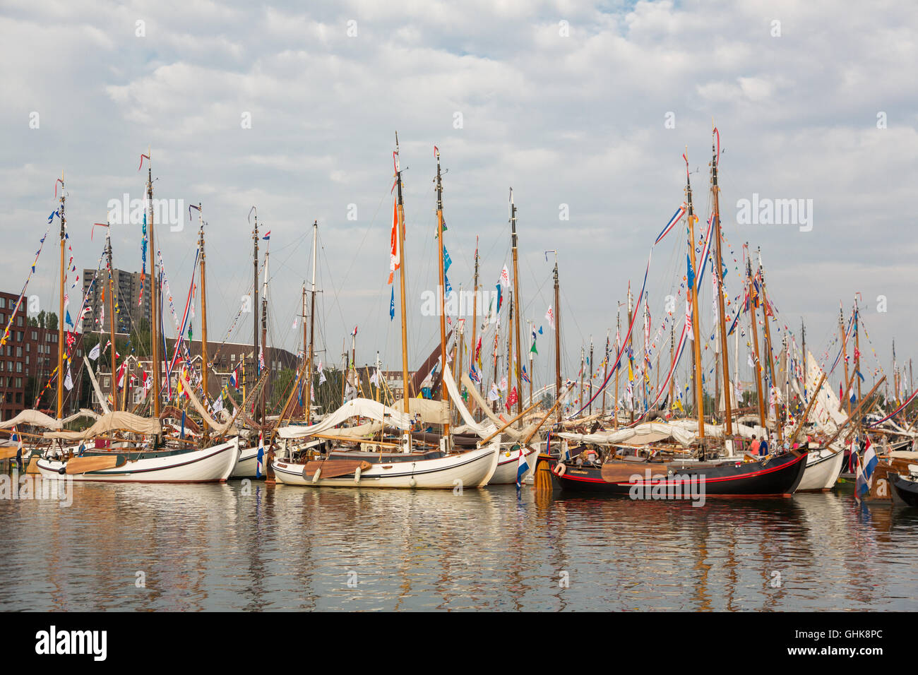 old dutch wooden sail ships moored in Amsterdam. Photo taken August 21 ...