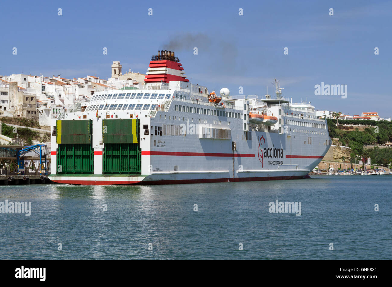 The port of Mahon in Menorca. A passenger ferry is in dock set for the ...