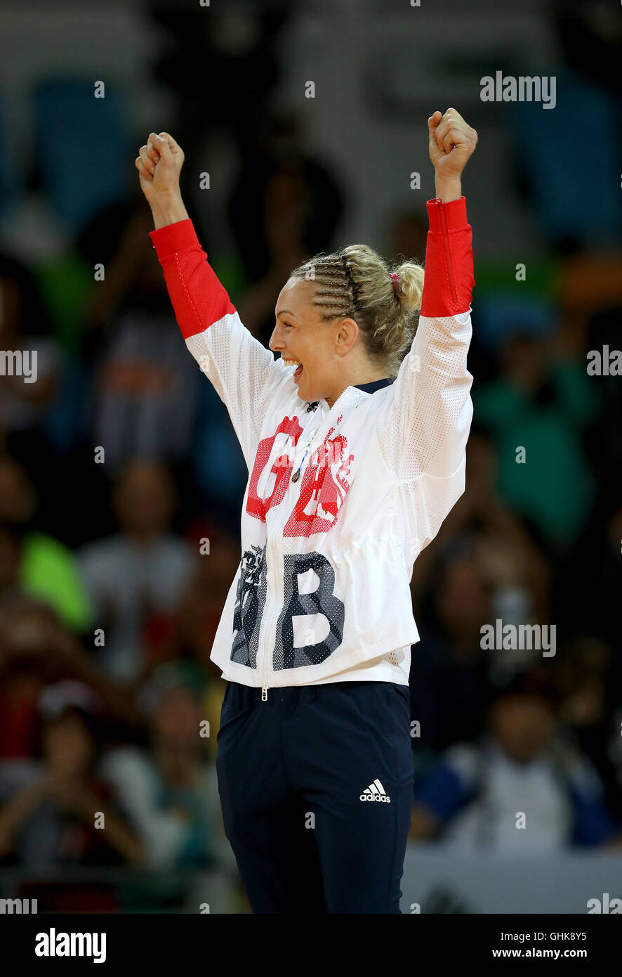 Great Britain's Sally Conway celebrates on the podium after winning ...