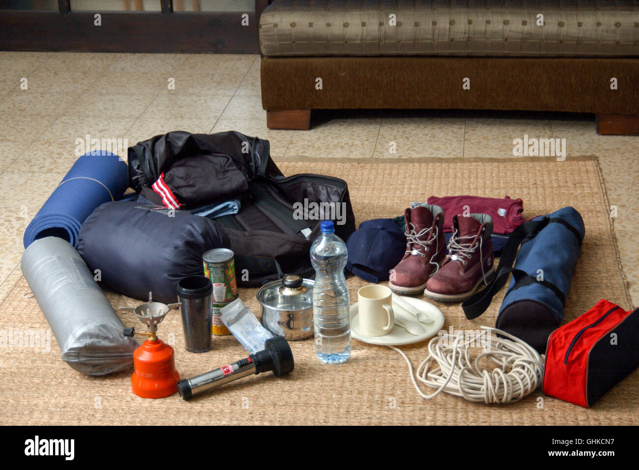gear needed for a camping trip ready for packing Stock Photo - Alamy