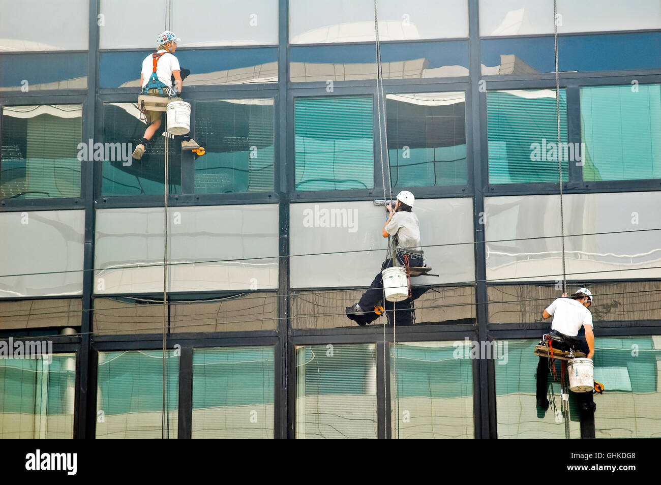 A group of three people cleaning the windows while tied to a rope Stock ...