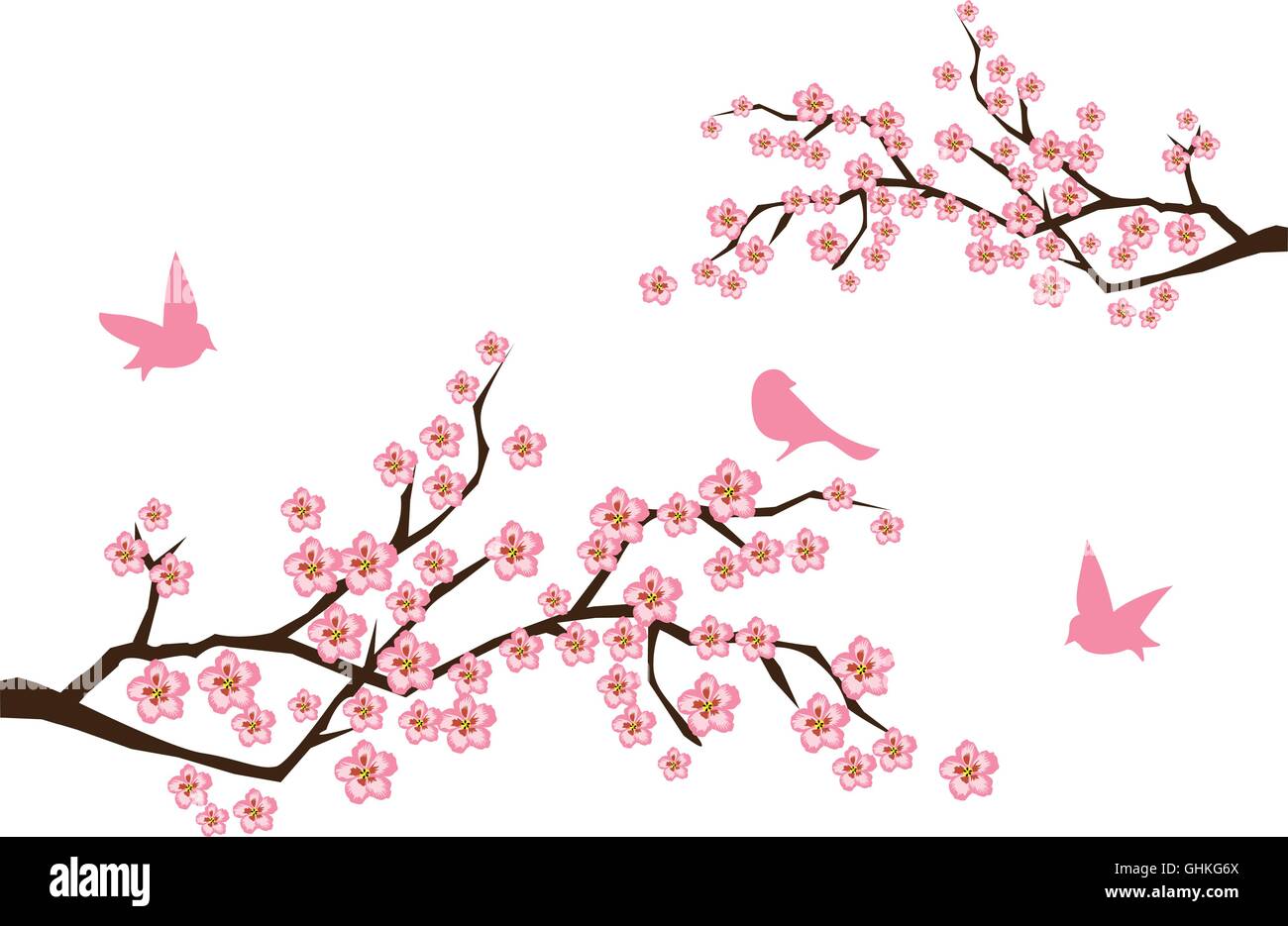 vector illustration of cherry blossom background with birds Stock ...