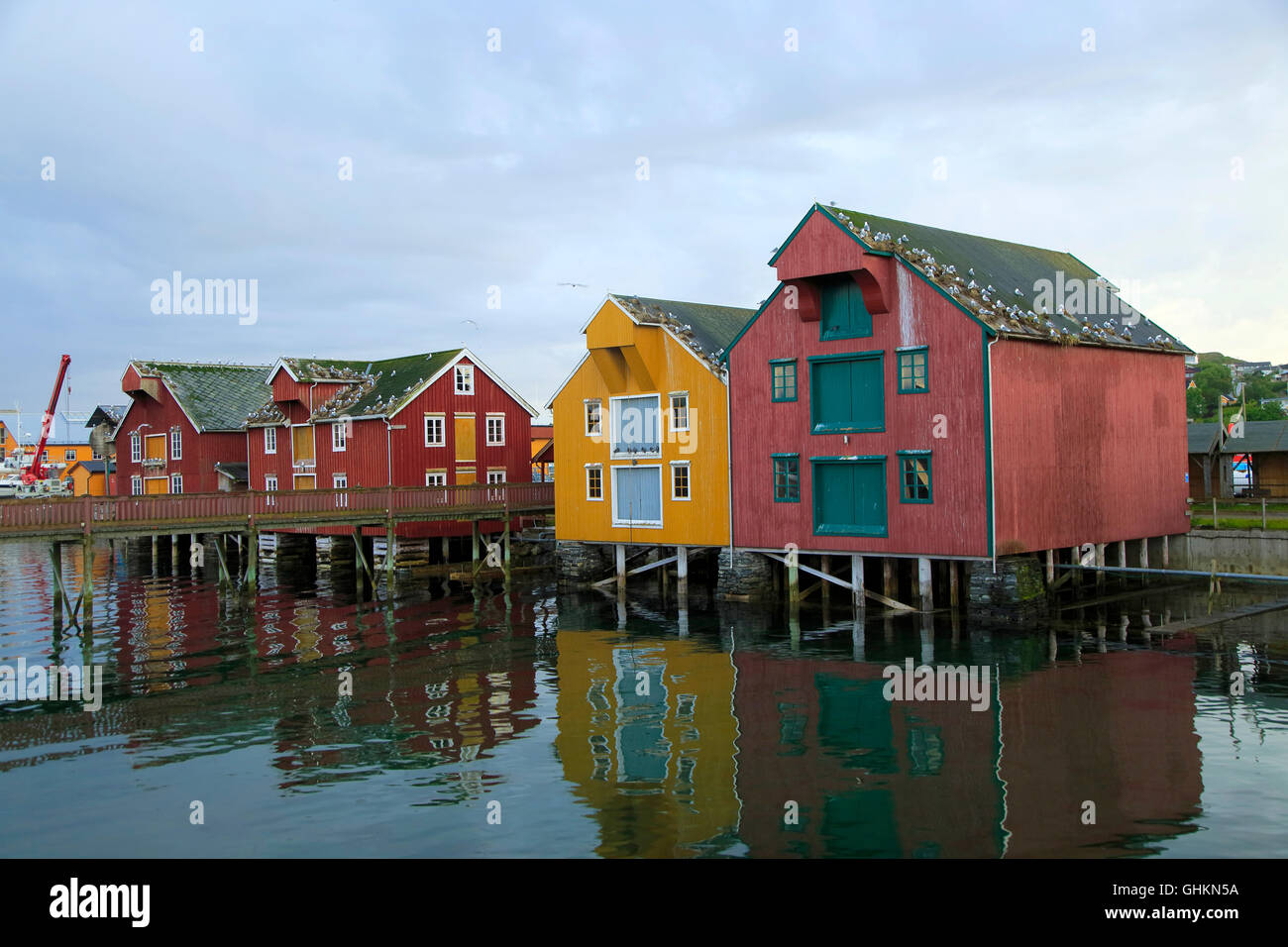 Traditional harbour buildings in fishing village of Rorvik, Norway ...