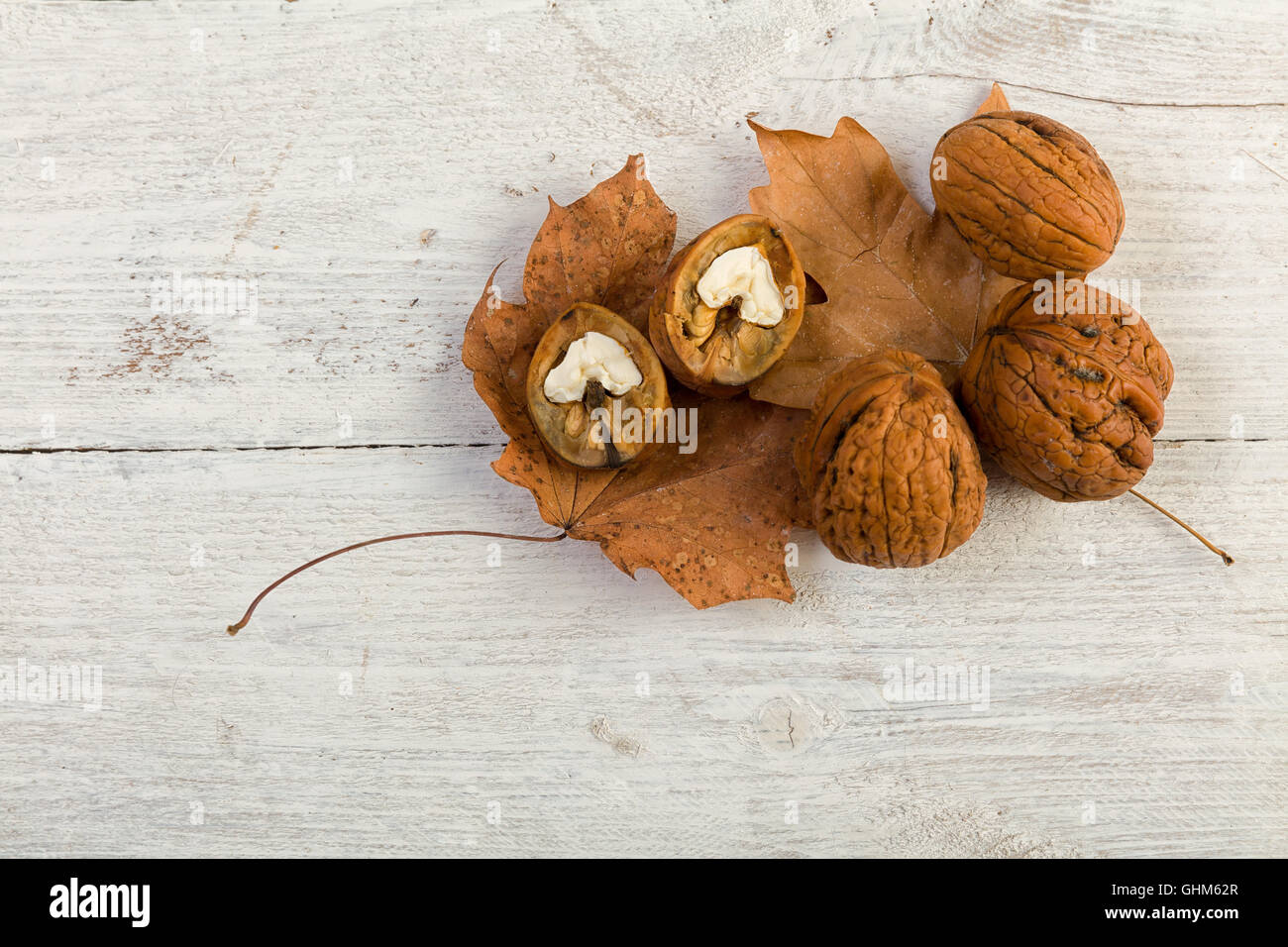 Autumn still life of fall leaves and walnuts on a grunge wooden ...