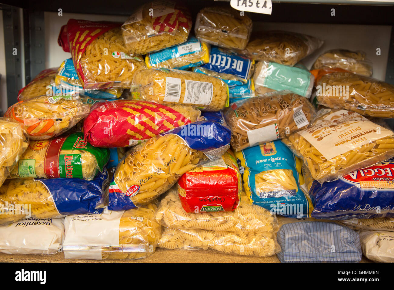 Dried pasta on a shelf at the North Paddington Foodbank, London Stock ...