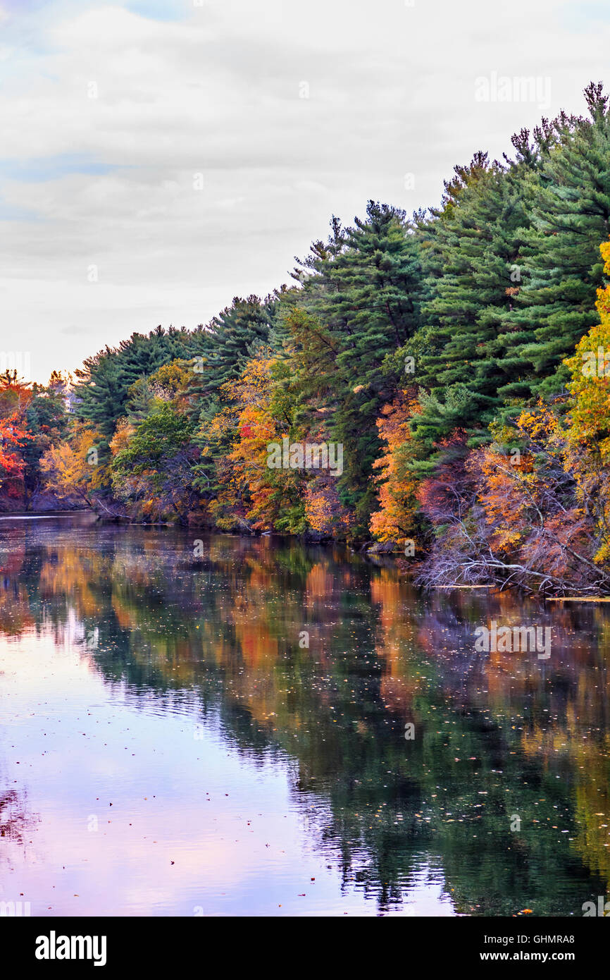 Fall colored trees reflecting on calm river Stock Photo - Alamy