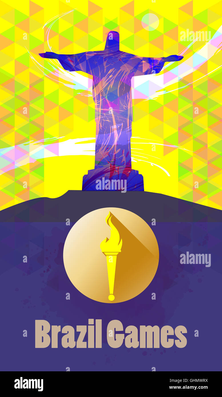 Brazil games, burning torch and statue over yellow background. Digital ...