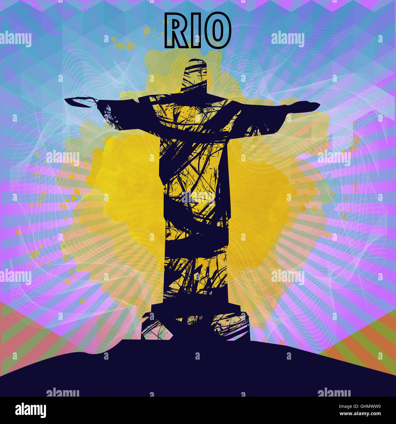 Abstract rio design in outlines with statue over colored background ...