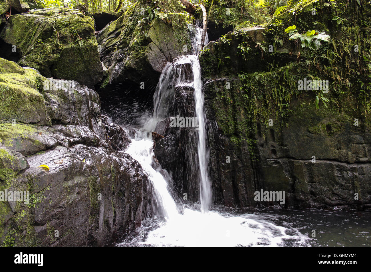 Water stream moving through rocks into pond Stock Photo - Alamy