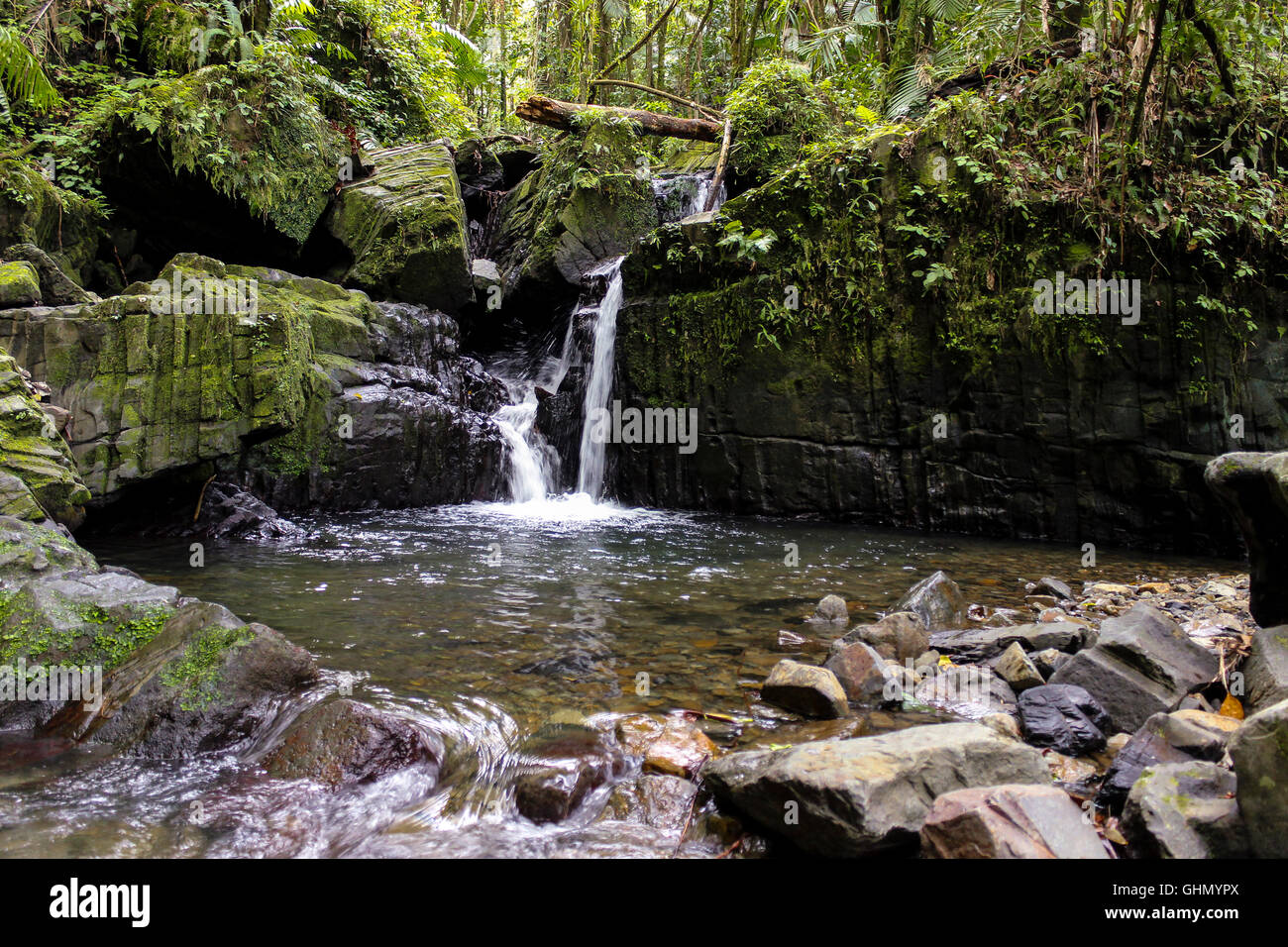Water stream moving through rocks into pond Stock Photo - Alamy