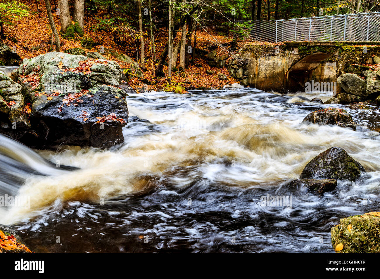Watter flowing after storm in river during autumn Stock Photo - Alamy