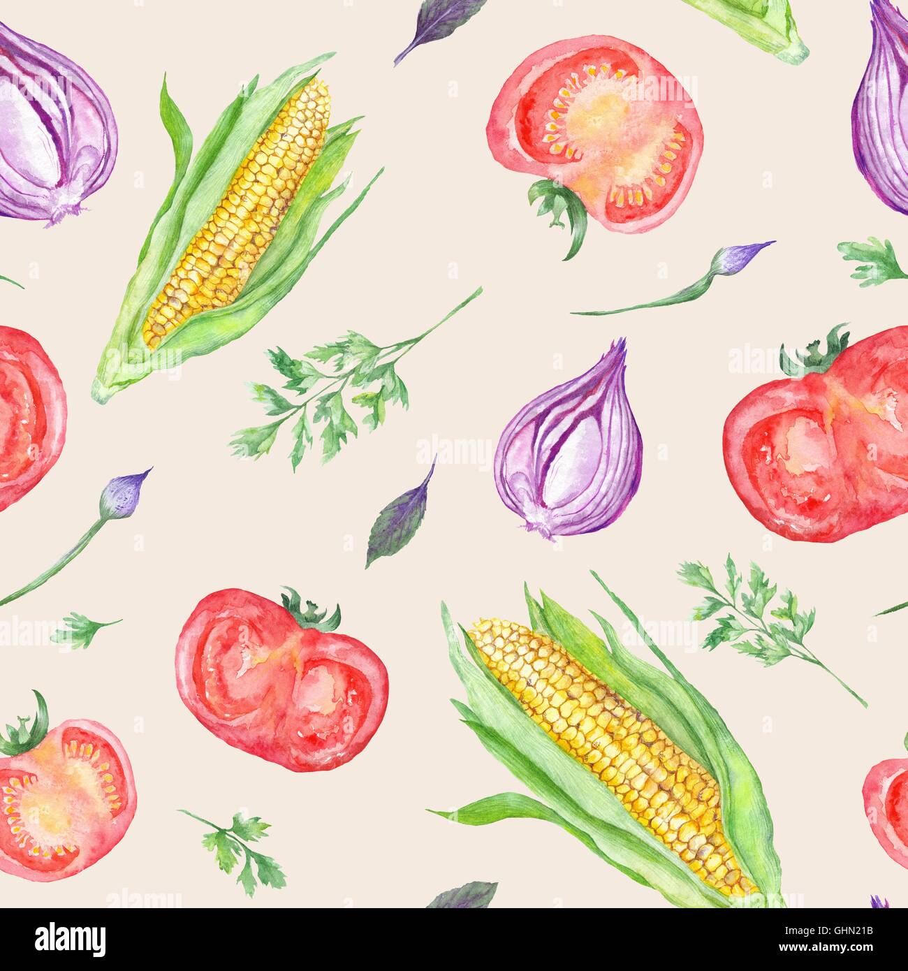 Seamless hand painted texture with healthy food illustrations on beige ...