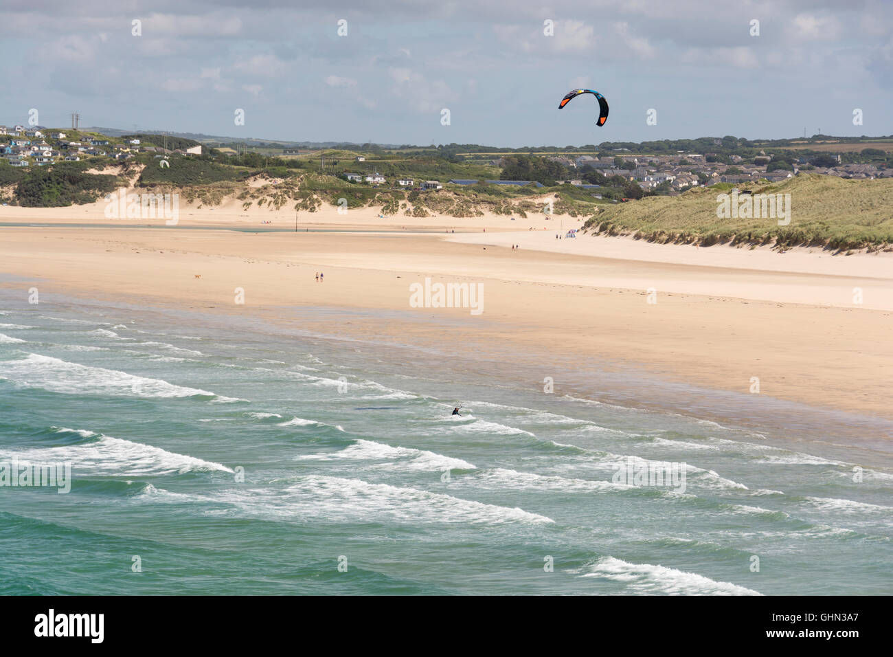 Dunes and beach at Hayle in North Cornwall, England, UK with kite ...