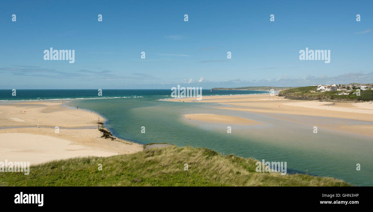 River estuary with dunes and beach at Hayle in North Cornwall, England ...