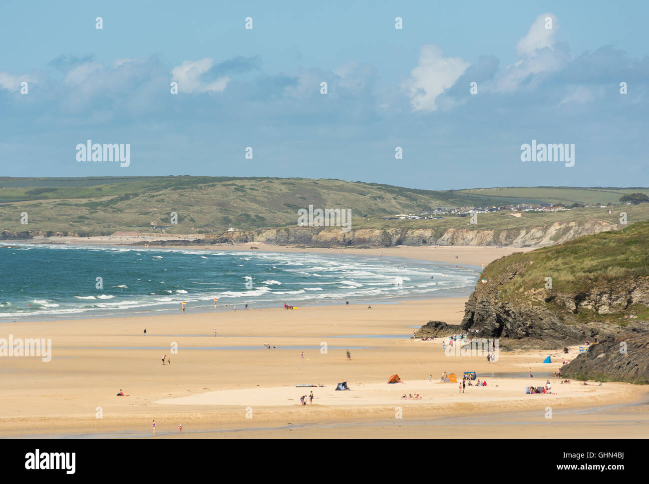 Sands with holiday makers on the beach near Hayle in north Cornwall ...
