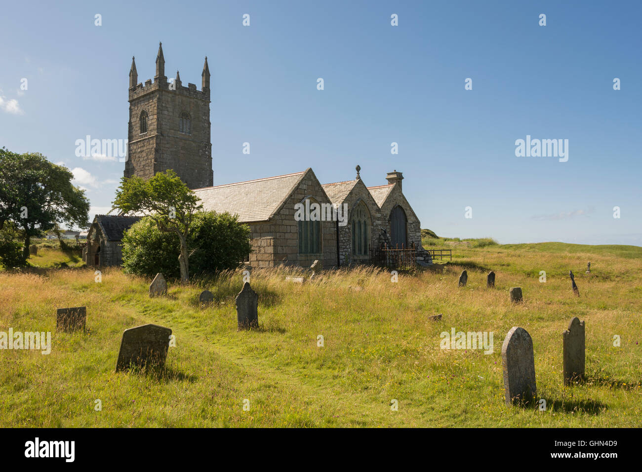 St Uny's Church in Lelant, Cornwall, viewed from the coast path Stock ...