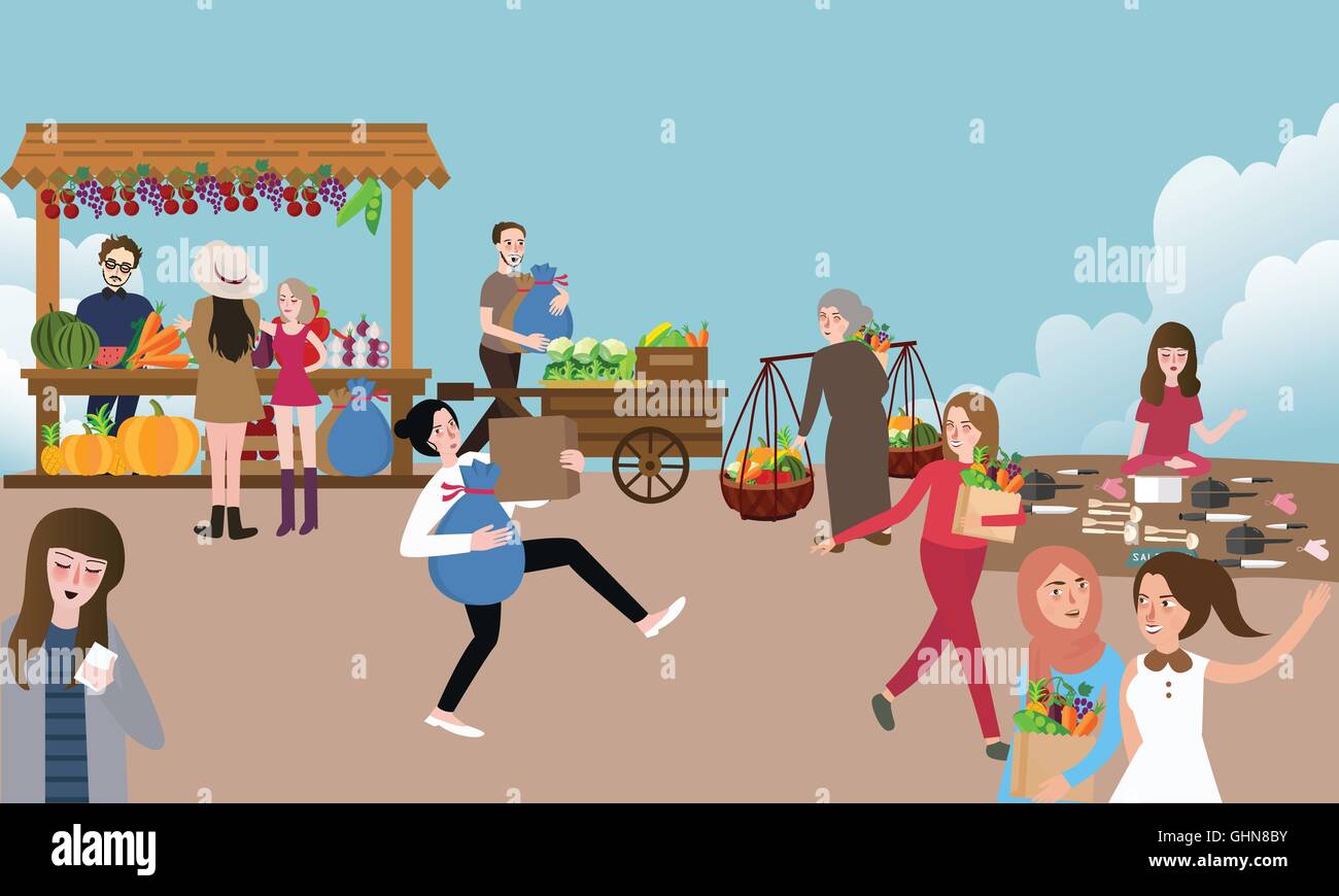 traditional open market activity busy people selling buying and bring ...