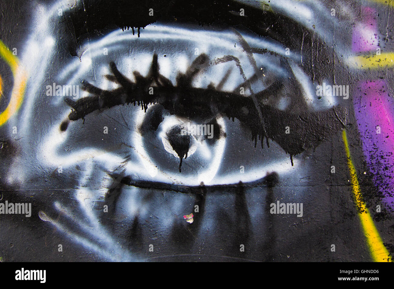 Extreme close up of graffiti eye high on a wall Stock Photo - Alamy