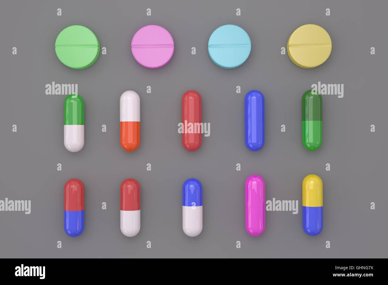 3D rendering of set of different type of medical pills on gray ...