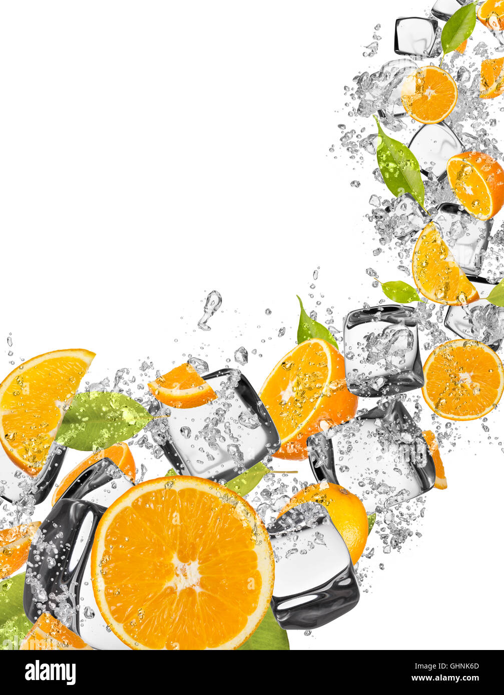 Pieces of oranges in water splash and ice cubes, isolated on white ...