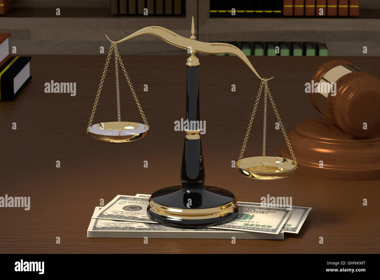 3D rendering of unbalance law scales over the bank note money in law ...
