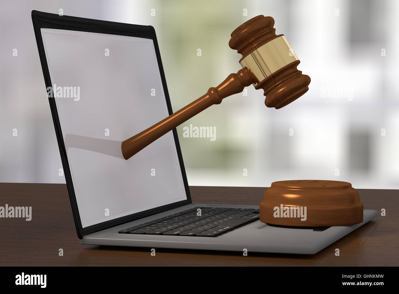 3D rendering of Golden judge gavel came out on laptop Stock Photo - Alamy
