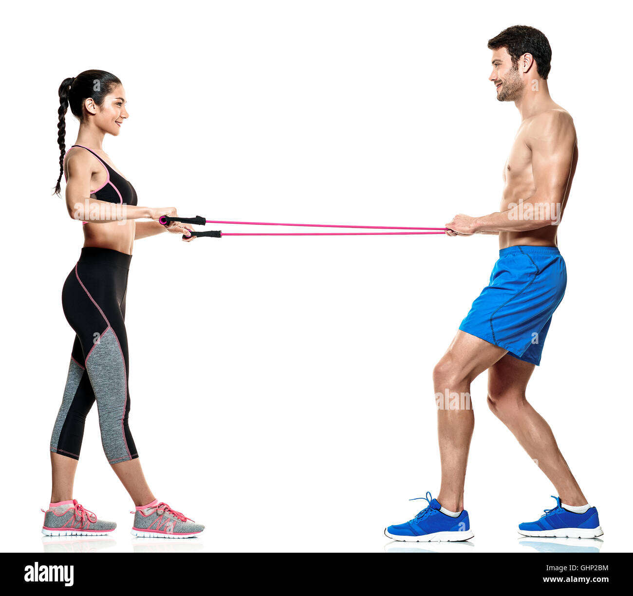 one caucasian couple man and woman exercising fitness exercises ...