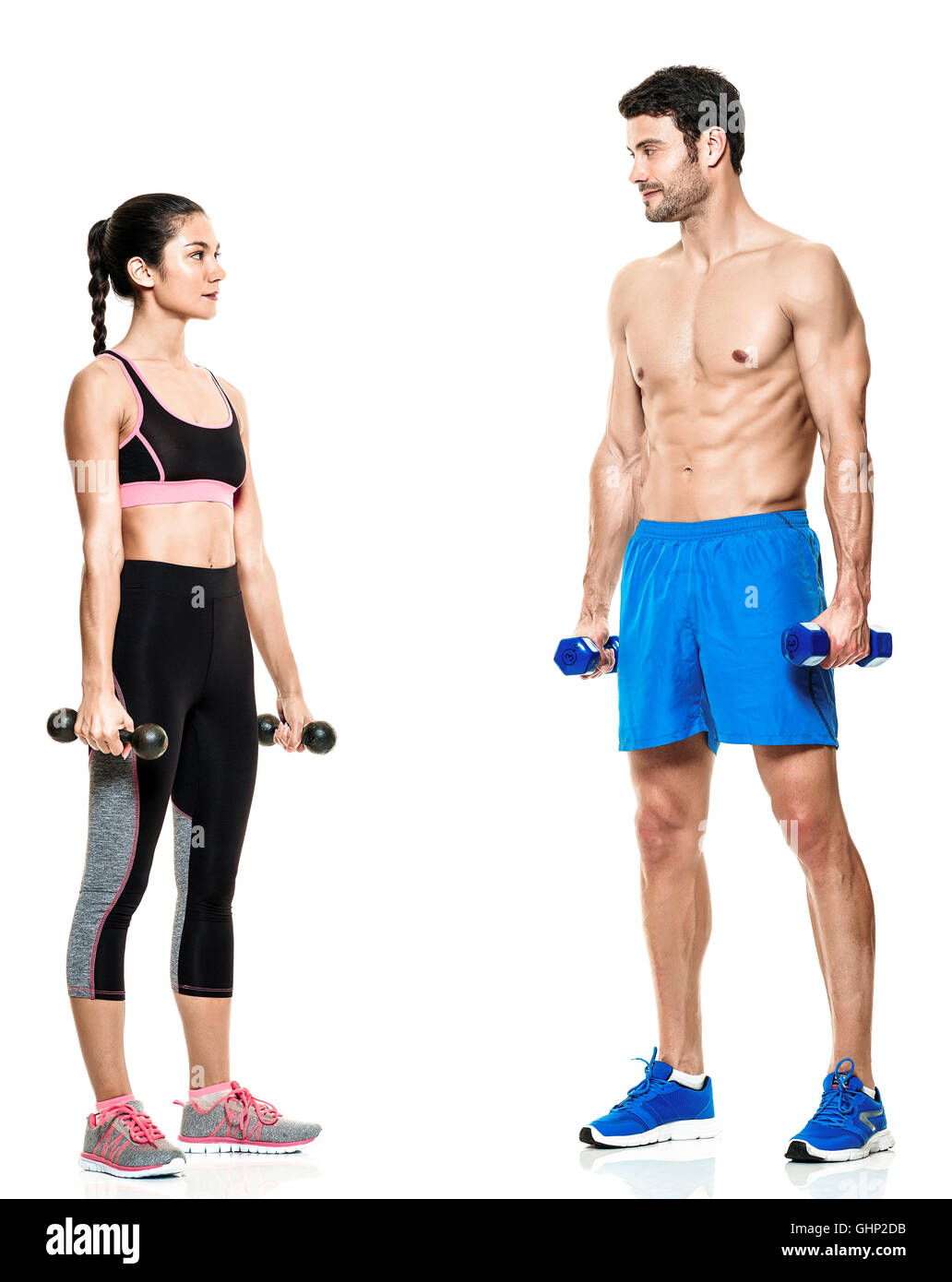 one caucasian couple man and woman exercising fitness exercises ...