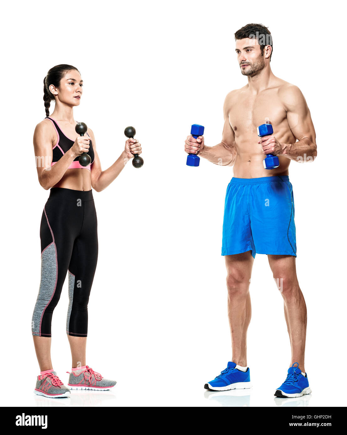 one caucasian couple man and woman exercising fitness exercises ...