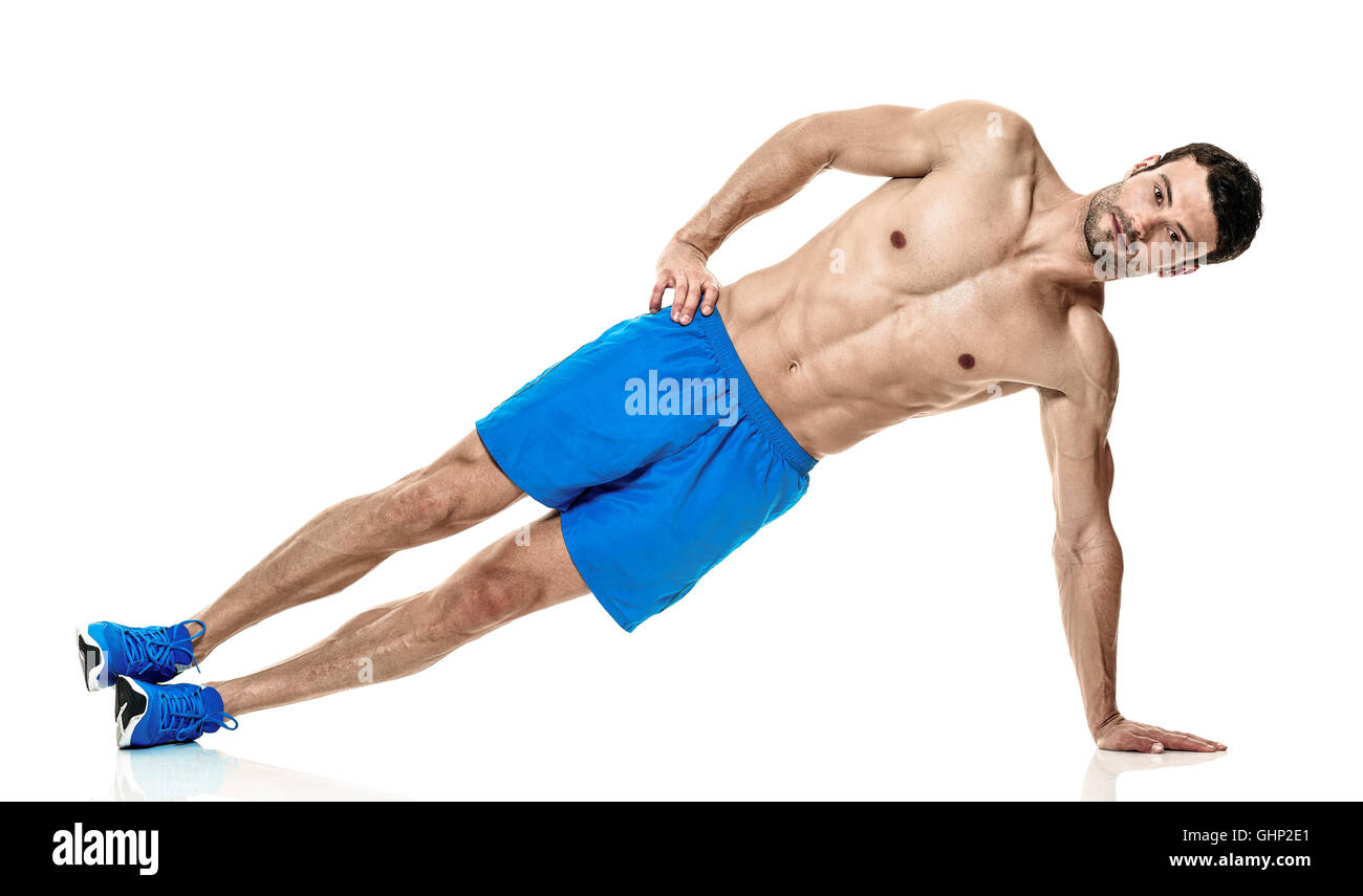 one caucasian man exercising fitness planks exercises isolated on white ...