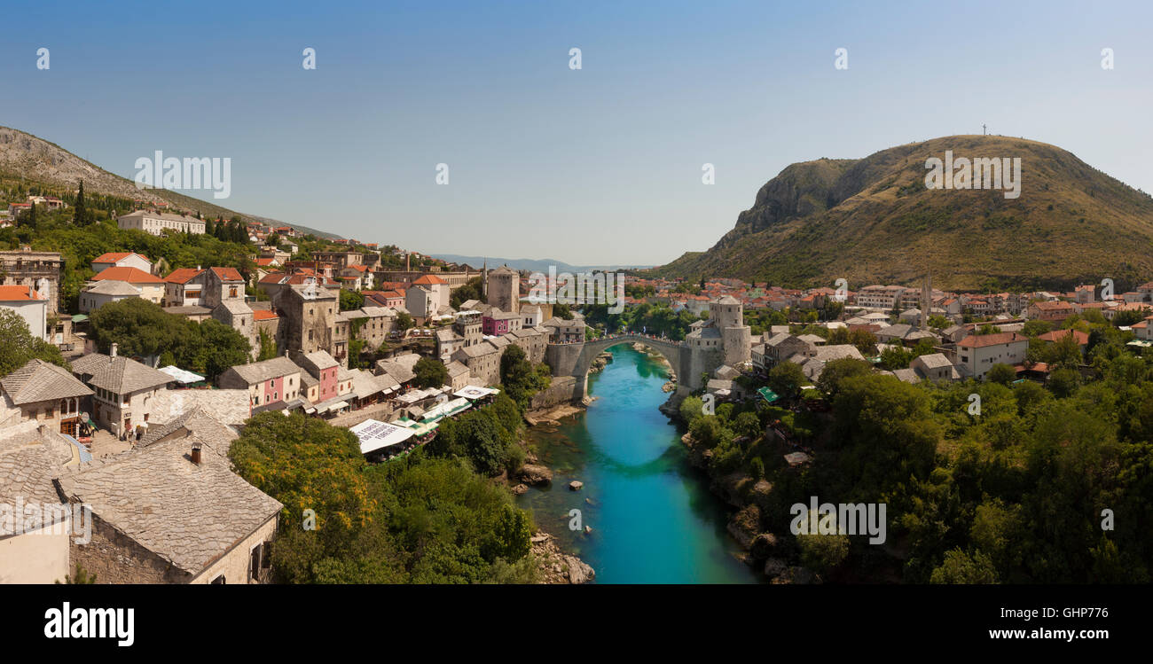 The river Neretva flows under the Stari Most bridge in city of Mostar ...
