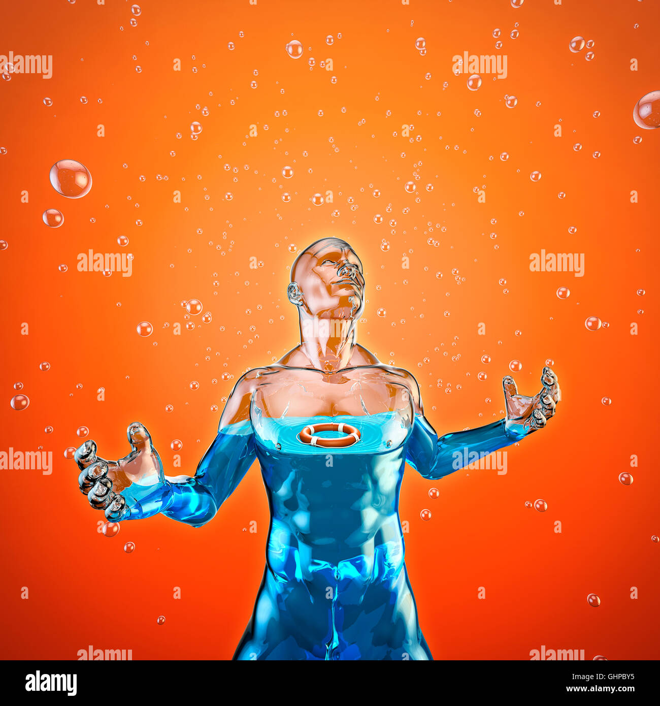 The fulfilled man / 3D illustration of water filled glass male figure ...