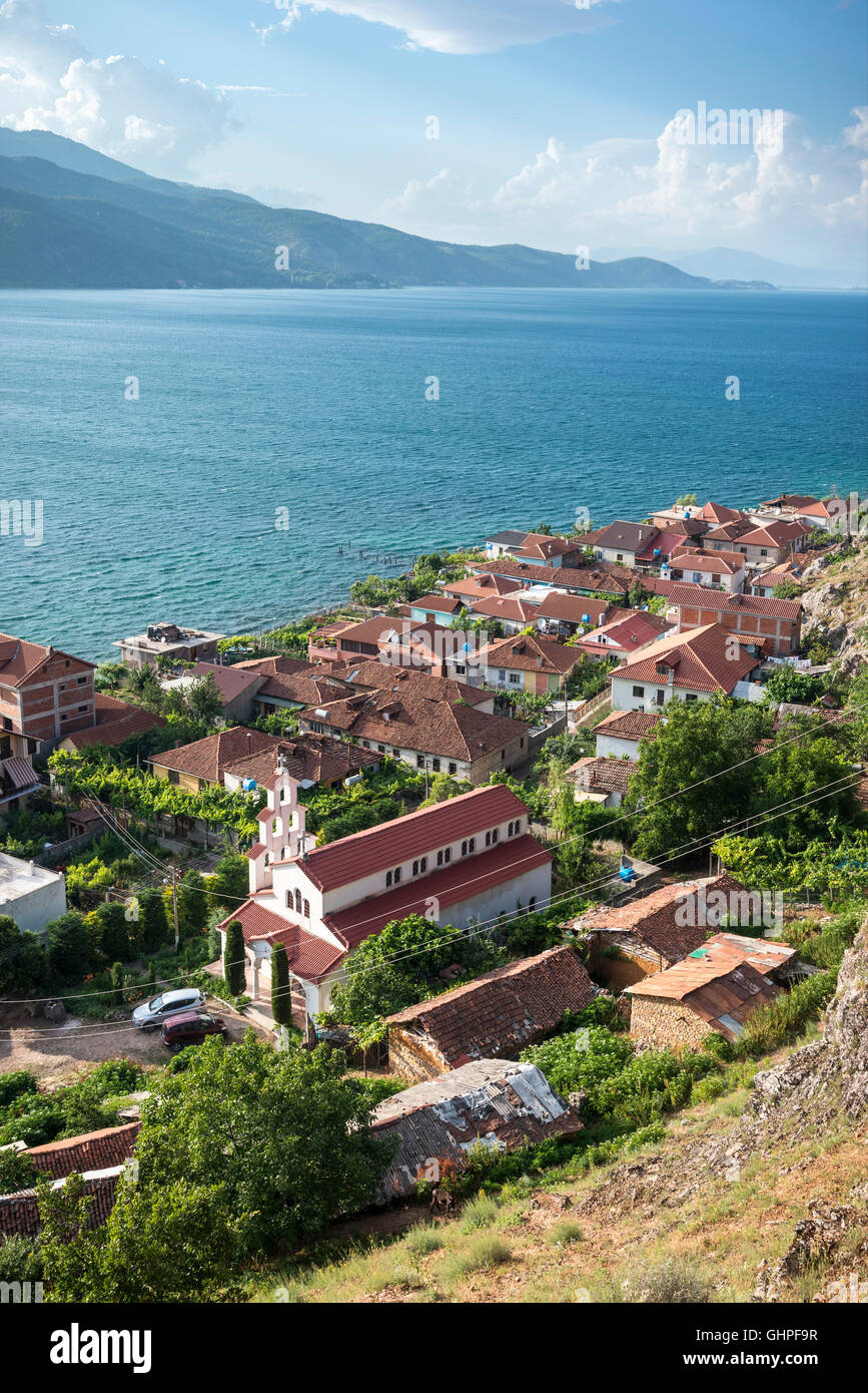 Looking down on the fishing village of Lin on the shores of Lake Ohrid ...