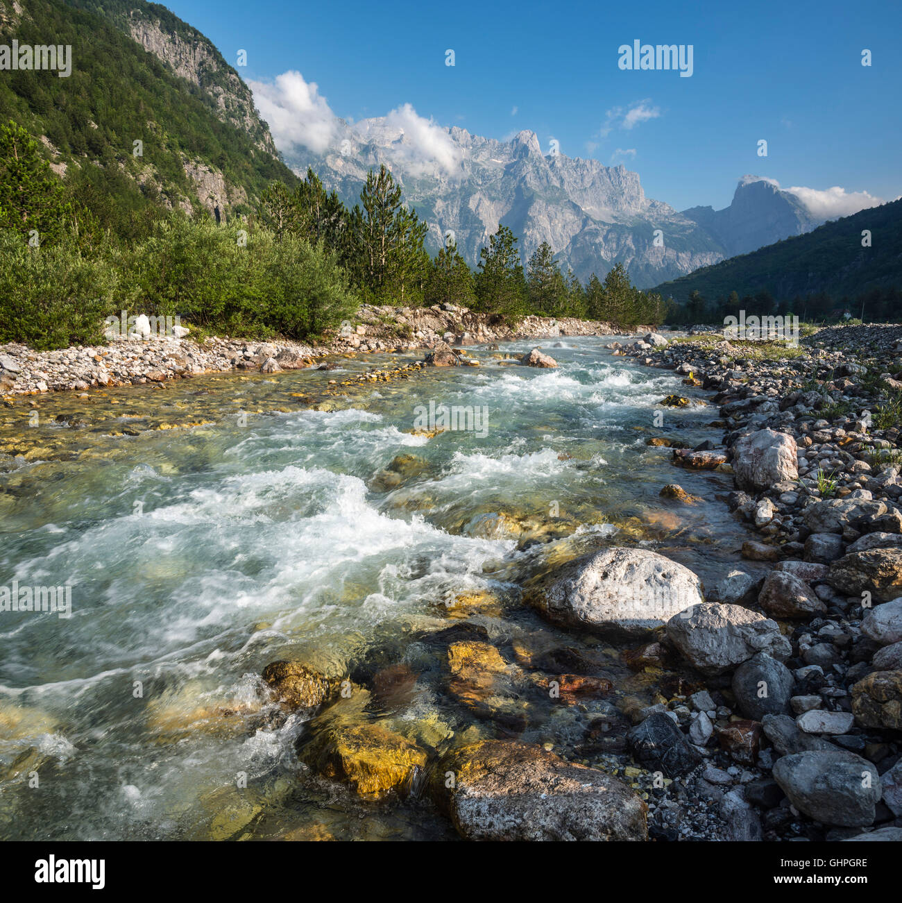 The Thethit river at the village of Theth With the Albanian Alps in the ...