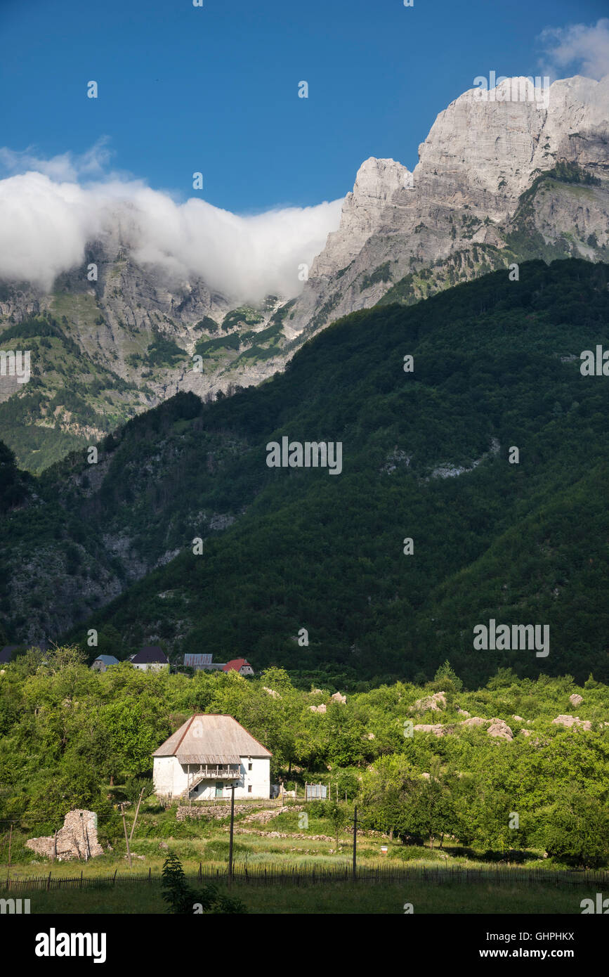 Looking across the village of Theth, with the Albanian Alps in the ...