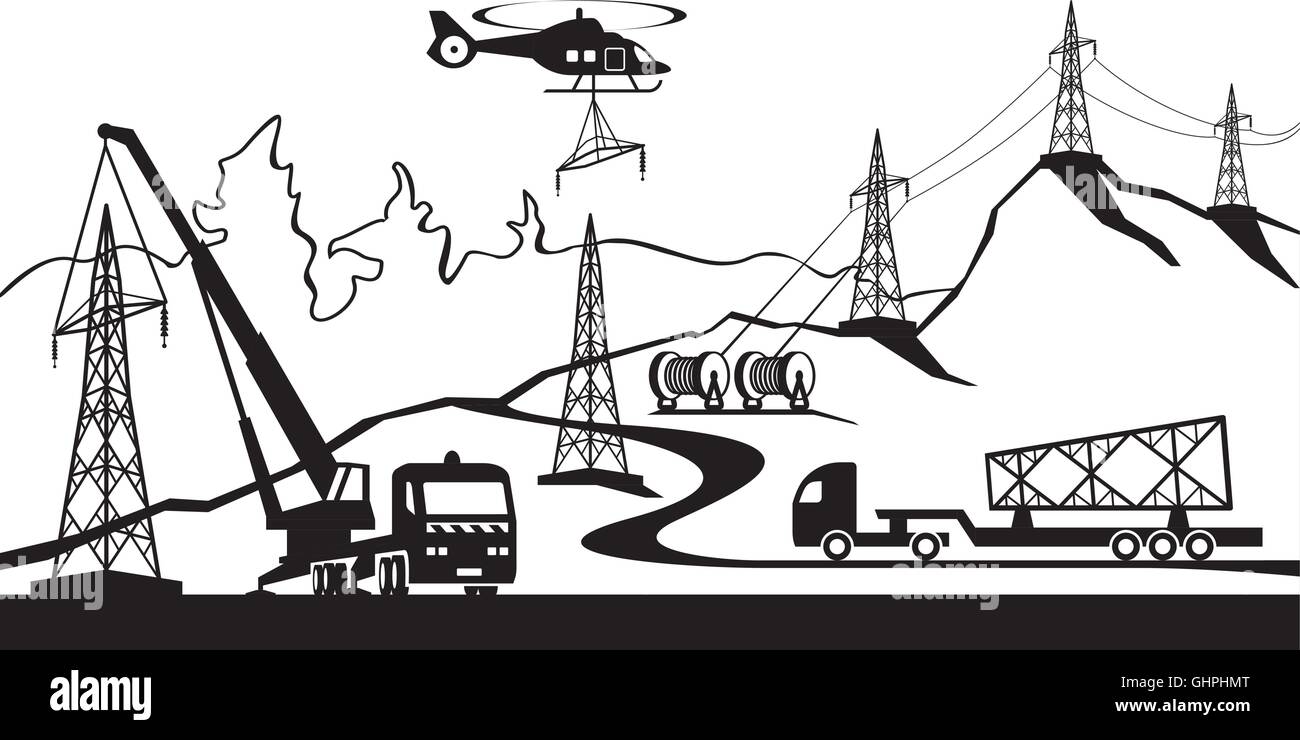 Construction of electric transmission line - vector illustration Stock ...