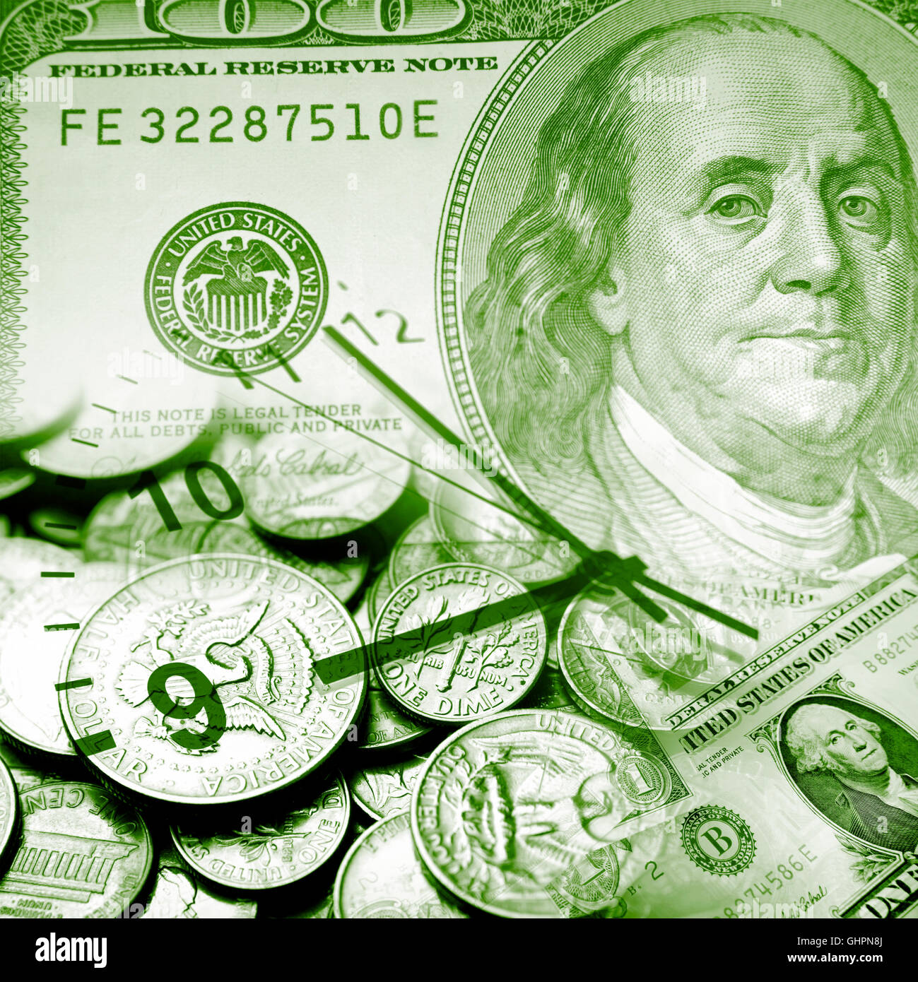 Clock and American currency. Time is money concept Stock Photo - Alamy