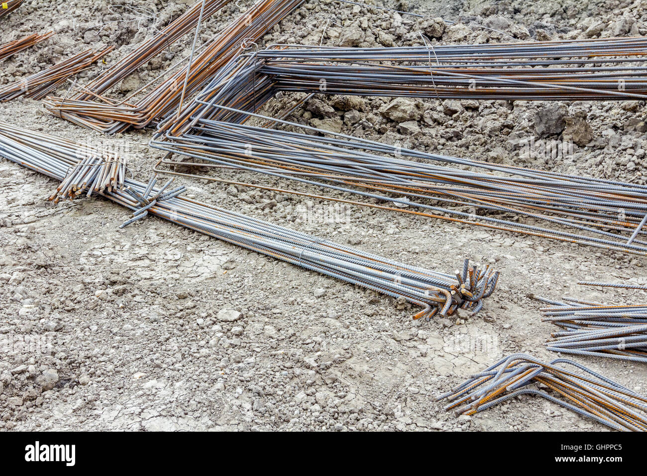 Steel bars stacked for construction, classified by the bending shape at ...