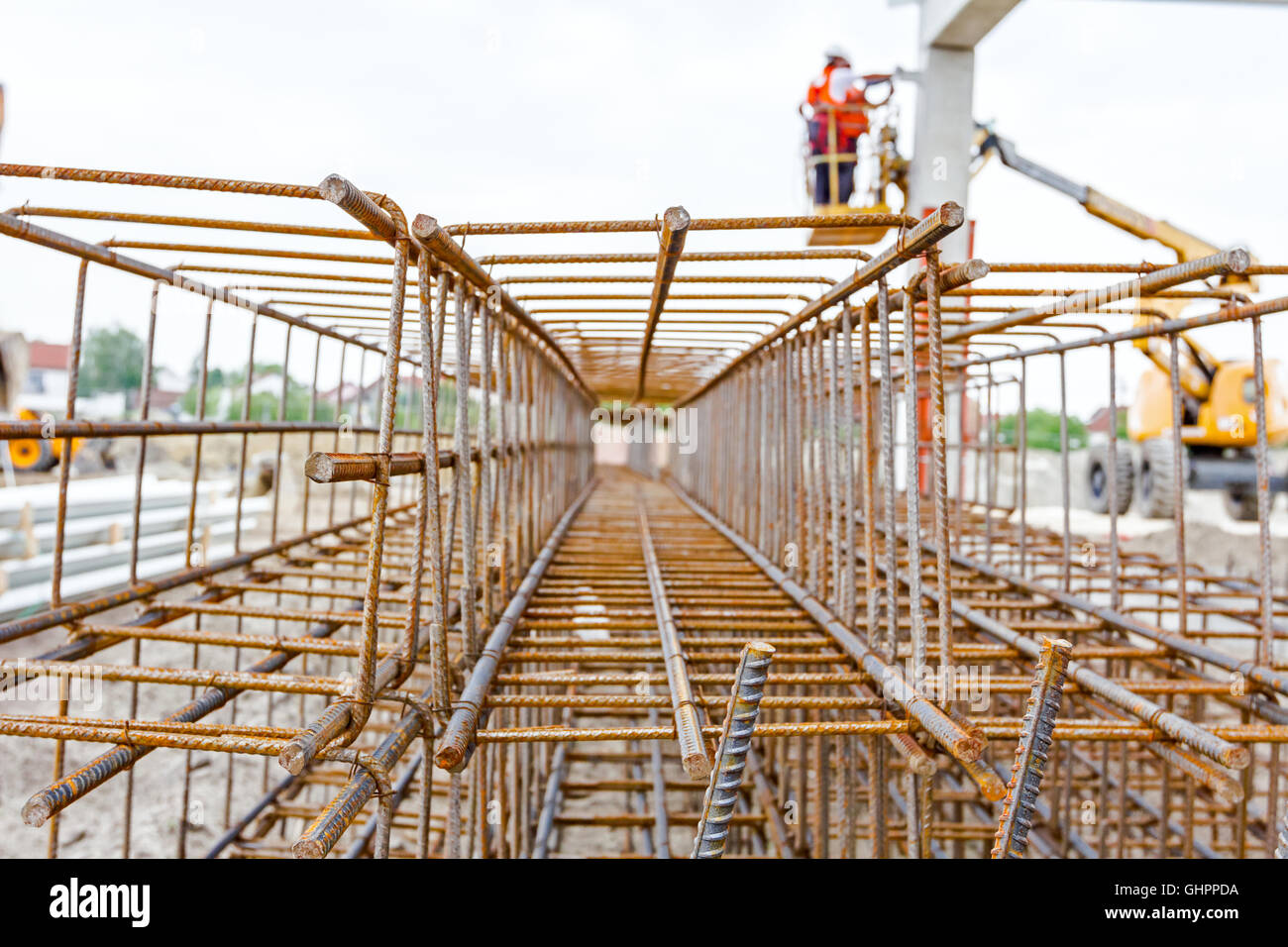 View perspective trough cage, skeleton of reinforcing steel bar at ...
