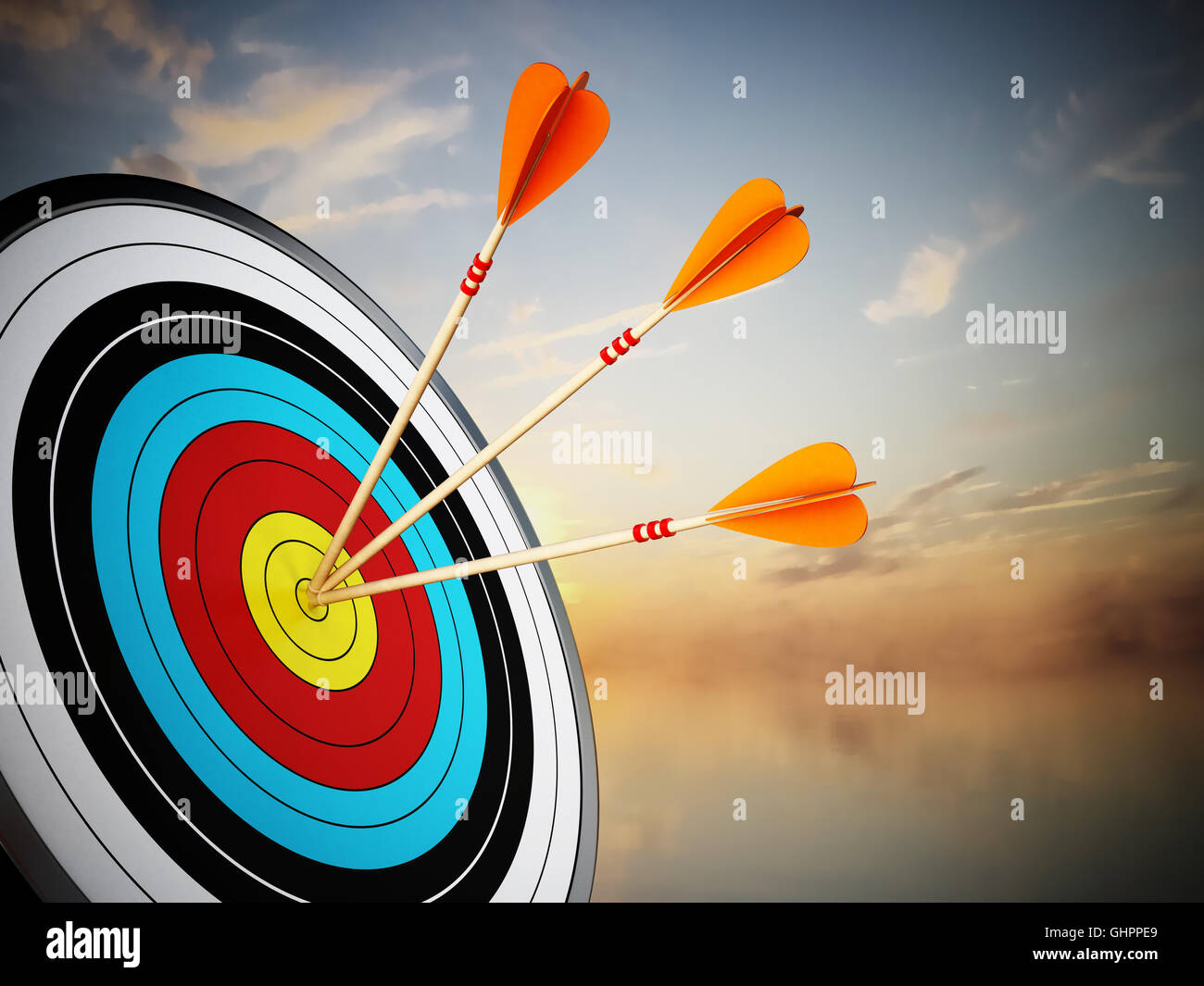 Three arrows hit at the center of the target. 3D illustration Stock ...