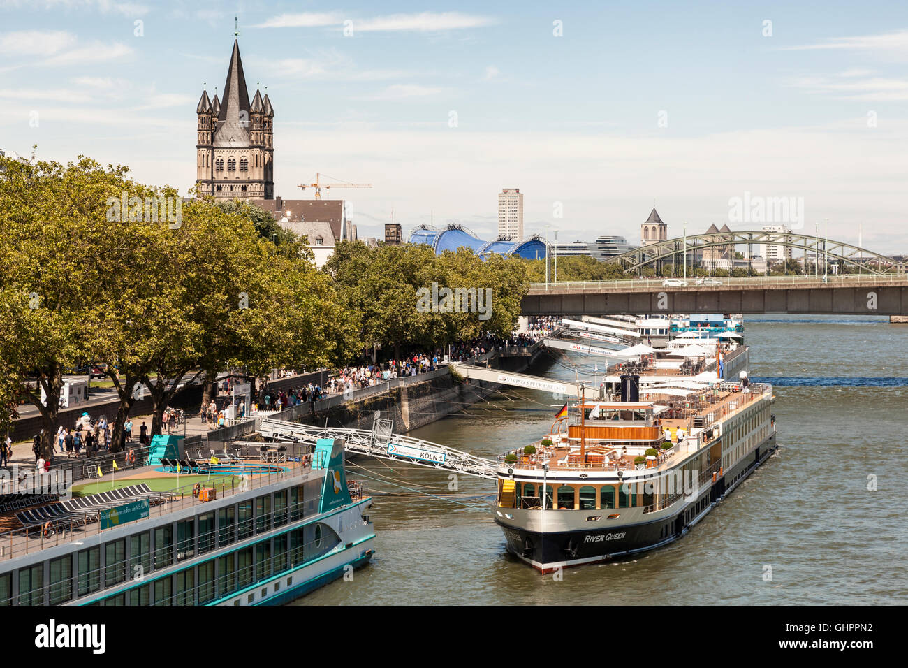 Cruise ships at the Rhine river bank in the city of Cologne. North ...