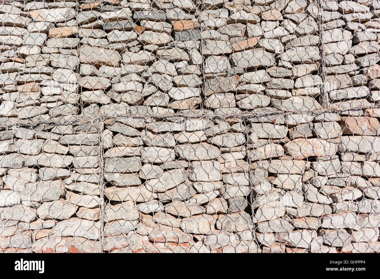 Stone wire constructed retainer wall closeup on building construction ...