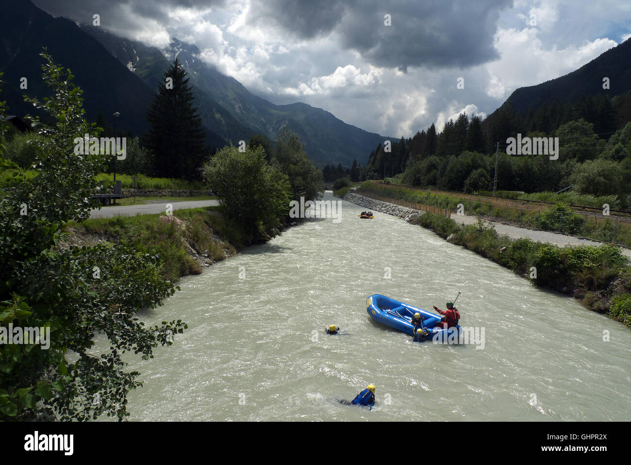 Rafters in water, returning to boat, River Arve near Gailland, Chamonix ...