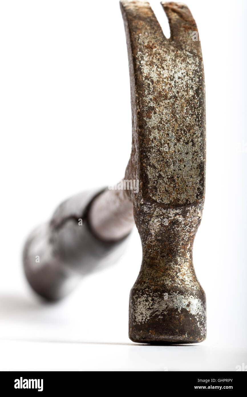 Close up of an old rusty claw hammer head on a white background Stock ...