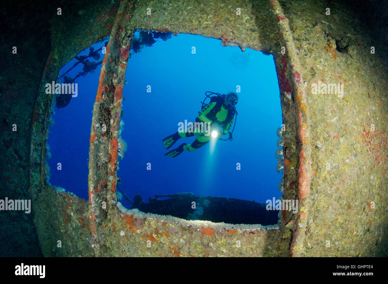 Shipwreck SS Turbo, scuba diver and ship wreck, Turbo Wreck, Ras Banas ...